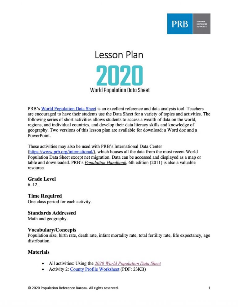 Lesson Plan: 2020 World Population Data Sheet | PRB