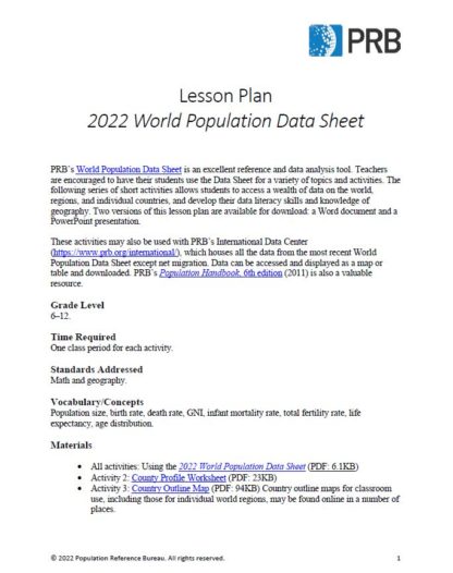 Lesson Plan: 2022 World Population Data Sheet | PRB