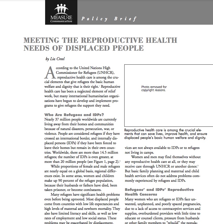 Policy Brief. Meeting the Reproductive Health Needs of Displaced People ...